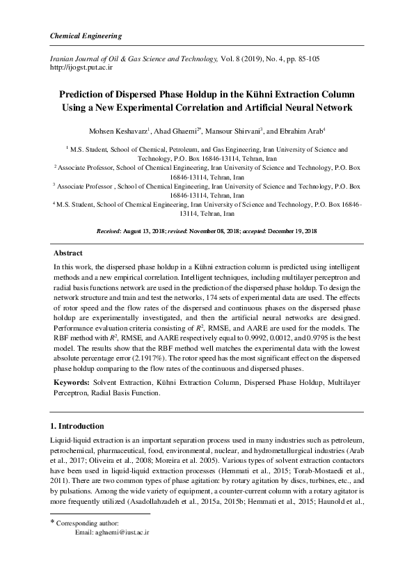Pdf Prediction Of Dispersed Phase Holdup In The Kühni Extraction Column Using A New