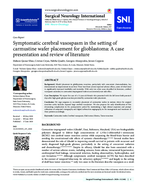 (PDF) Symptomatic cerebral vasospasm in the setting of carmustine wafer ...