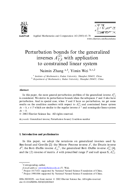 (PDF) Perturbation bounds for the generalized inverses AT,S(2) with application to constrained ...