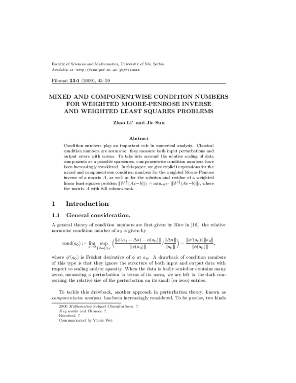 Pdf Mixed And Componentwise Condition Numbers For Rectangular Structured Matrices