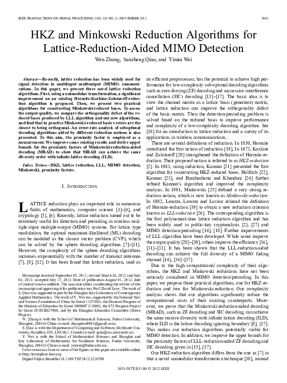 (PDF) HKZ and Minkowski Reduction Algorithms for Lattice-Reduction-Aided MIMO Detection