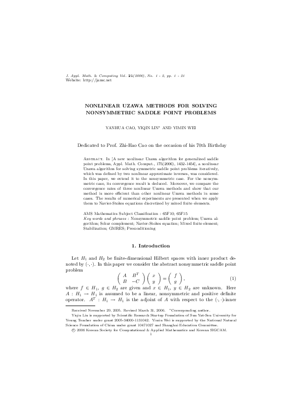 Pdf Nonlinear Uzawa Methods For Solving Nonsymmetric Saddle Point Problems Yimin Wei