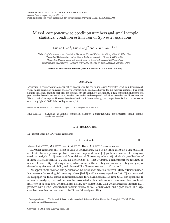Pdf Mixed Componentwise Condition Numbers And Small Sample Statistical Condition Estimation