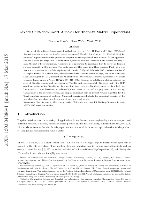 Pdf Inexact Shift And Invert Arnoldi For Toeplitz Matrix Exponential