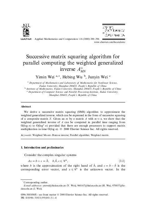 Pdf Successive Matrix Squaring Algorithm For Parallel Computing The Weighted Generalized 