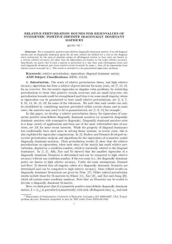 (PDF) Relative perturbation bounds for the eigenvalues of diagonalizable and singular matrices ...