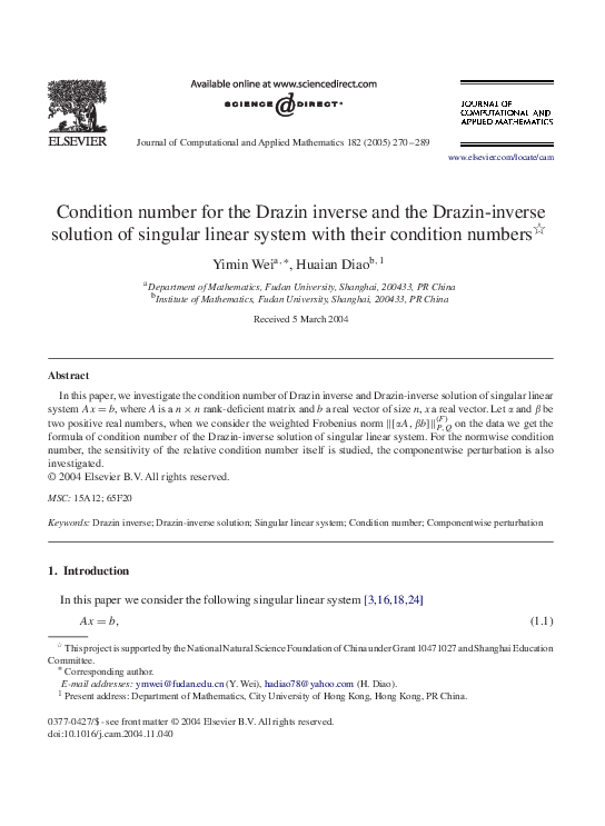 (PDF) Condition number for the Drazin inverse and the Drazin-inverse solution of singular linear ...