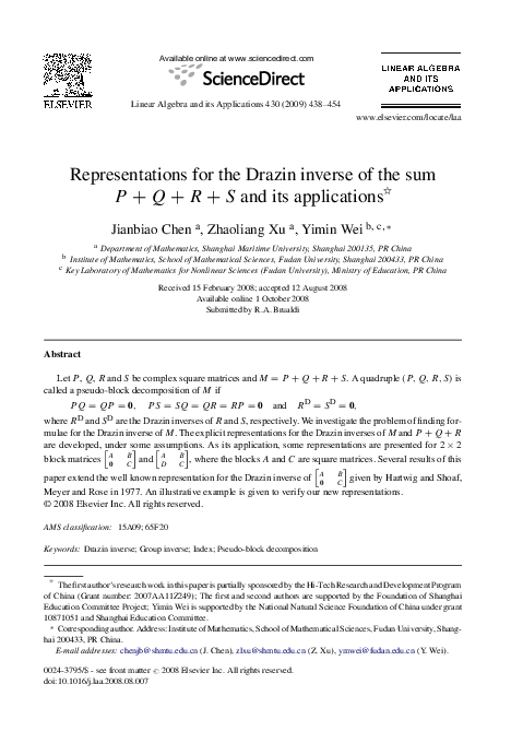 Pdf Representations For The Drazin Inverse Of The Sum And Its