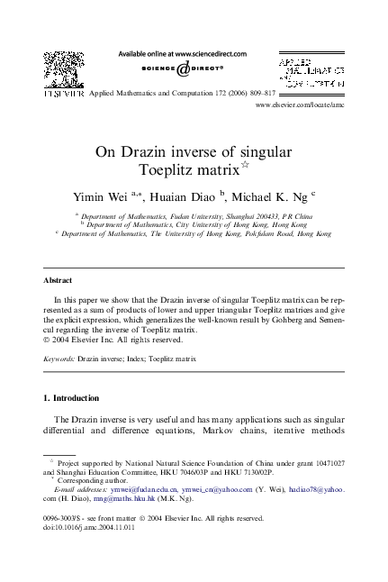 (PDF) On Drazin inverse of singular Toeplitz matrix