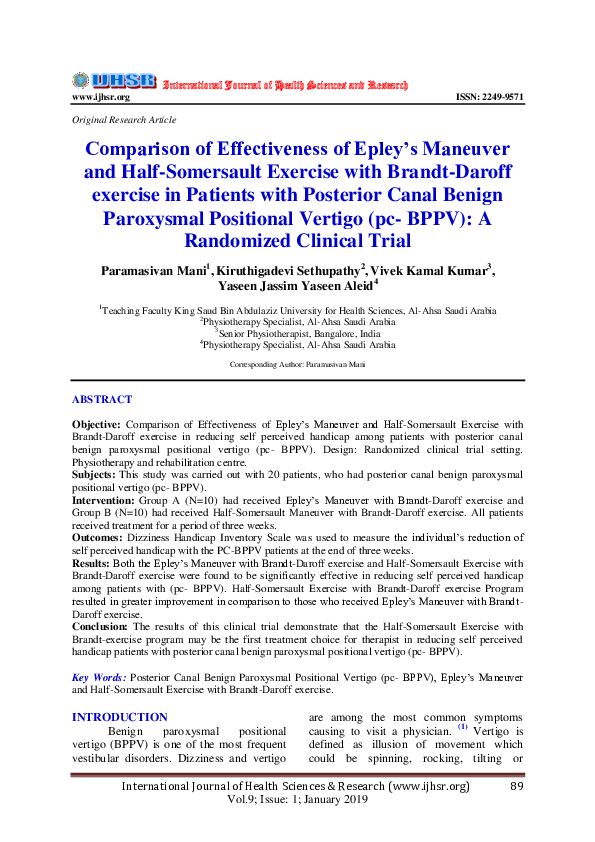 (PDF) Comparison of Effectiveness of Epley's Maneuver and Half ...