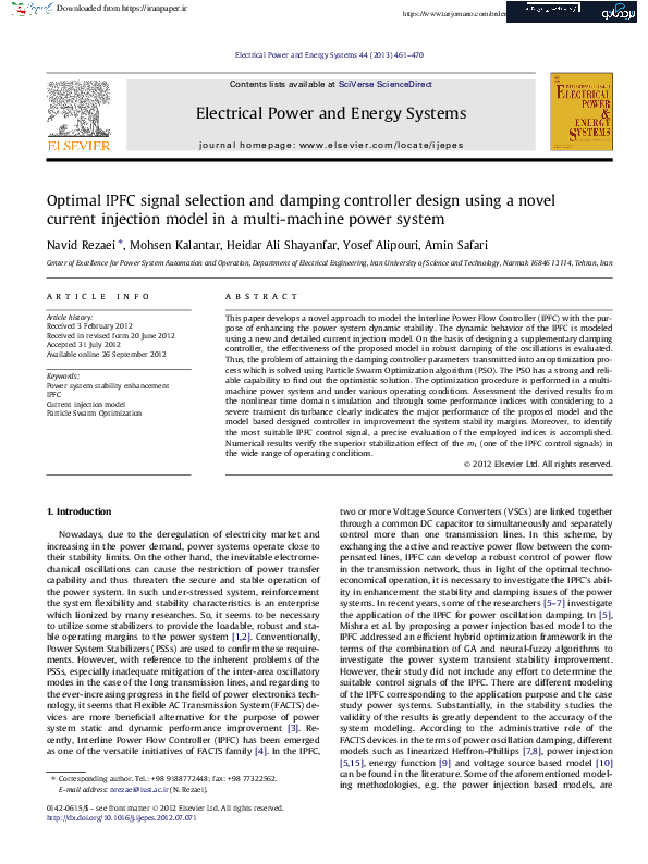 (PDF) Optimal IPFC signal selection and damping controller design using a novel current ...
