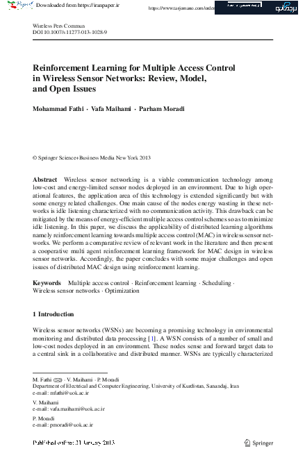 Pdf Reinforcement Learning For Multiple Access Control In Wireless Sensor Networks Review