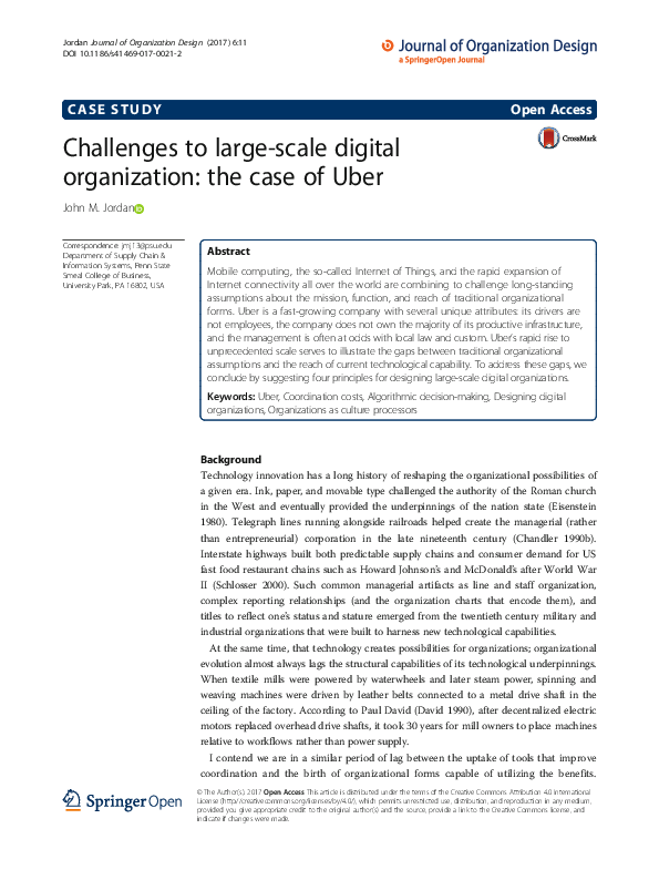 (PDF) Challenges to large-scale digital organization: the case of Uber