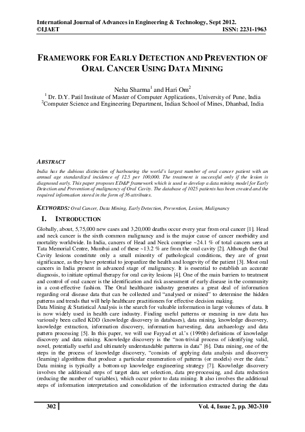 Pdf Framework For Early Detection And Prevention Of Oral Cancer Using Data Mining