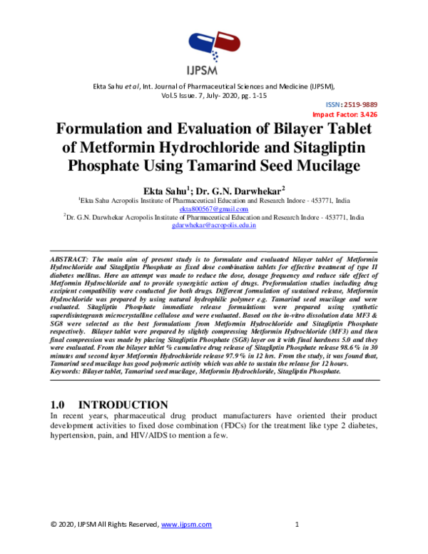 Pdf Formulation And Evaluation Of Bilayer Tablet Of Metformin Hydrochloride And Sitagliptin