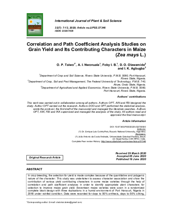 (PDF) Correlation and Path Coefficient Analysis Studies on Grain Yield and Its Contributing ...