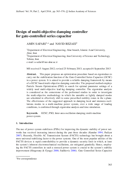 (PDF) Design of multi-objective damping controller for gate-controlled series capacitor