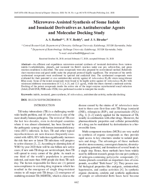 (PDF) Microwave-Assisted Synthesis of Some Indole and Isoniazid Derivatives as Antitubercular ...