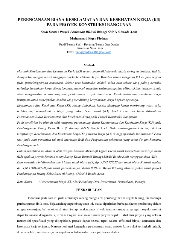 (PDF) PERENCANAAN BIAYA KESELAMATAN DAN KESEHATAN KERJA (K3) PADA ...