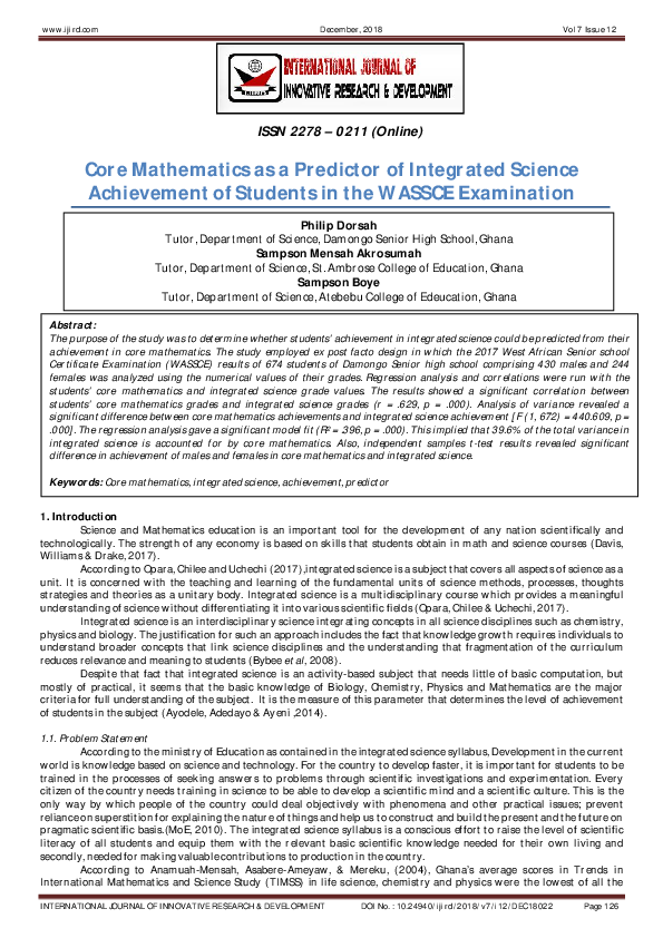 (PDF) Core Mathematics as a Predictor of Integrated Science Achievement ...