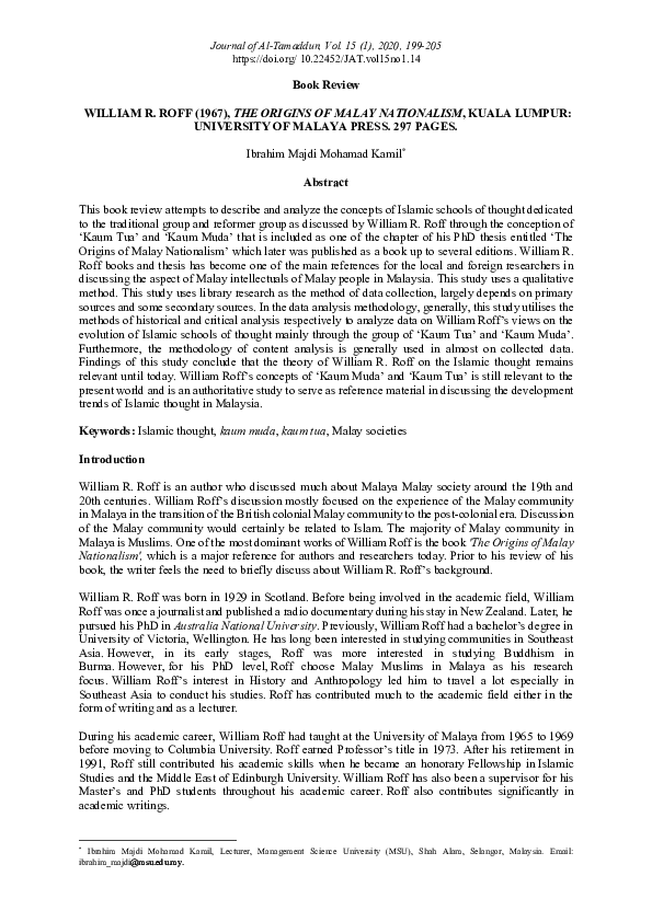 (PDF) WILLIAM R. ROFF (1967), THE ORIGINS OF MALAY NATIONALISM, KUALA ...