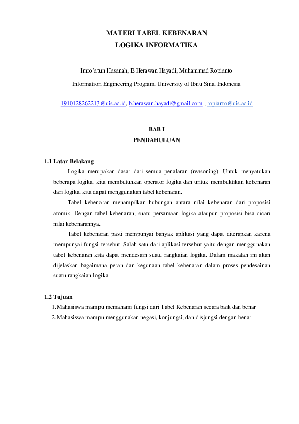 (PDF) MATERI TABEL KEBENARAN LOGIKA INFORMATIKA