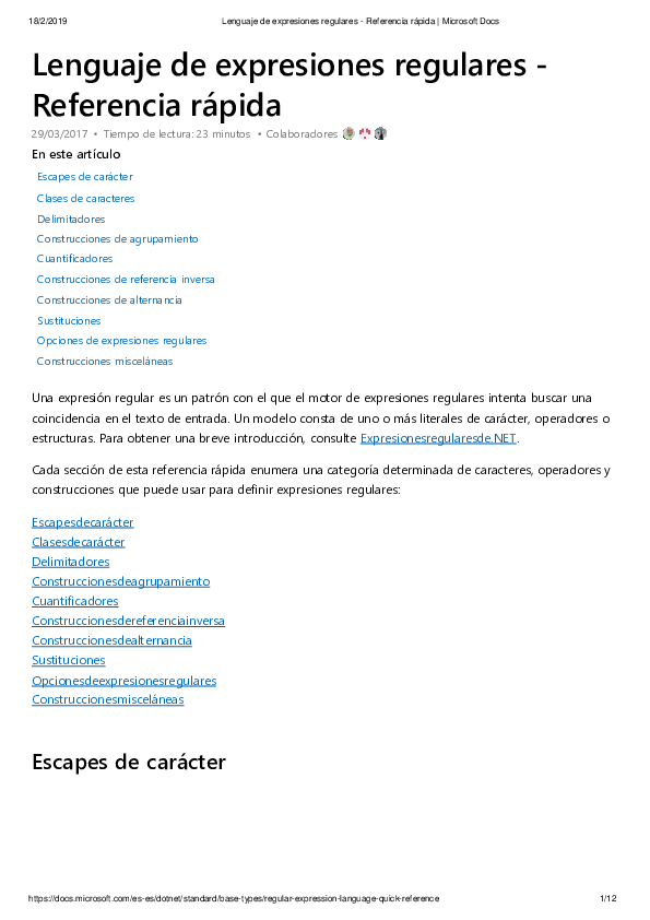 (PDF) Lenguaje de expresiones regulares - Referencia rápida