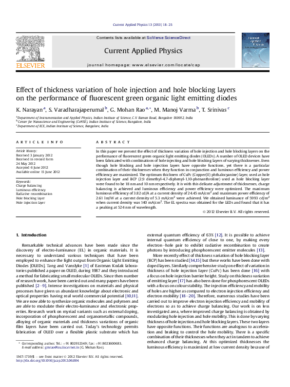 (PDF) Effect of thickness variation of hole injection and hole blocking ...