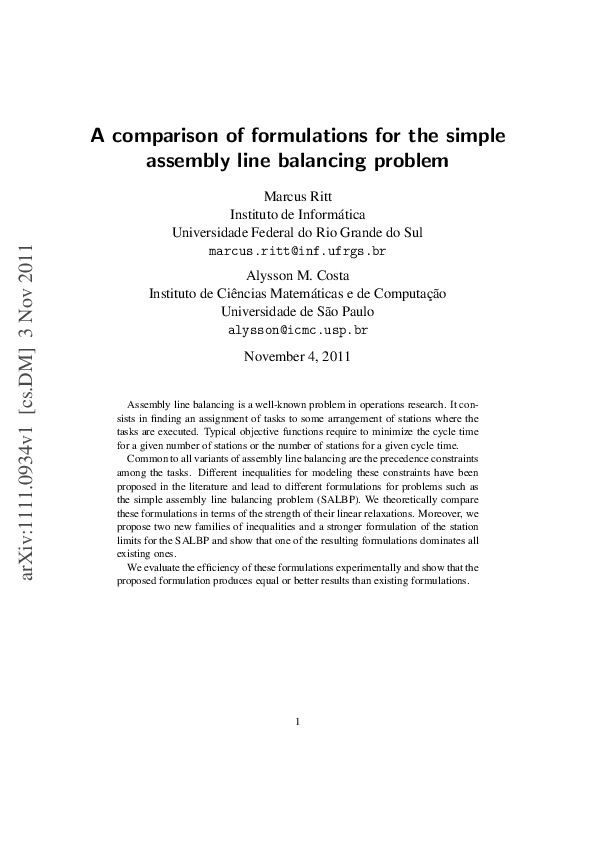 Pdf A Comparison Of Formulations For The Simple Assembly Line Balancing Problem 