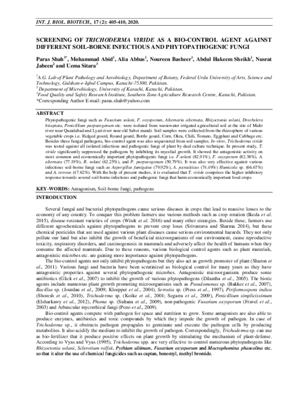 (PDF) SCREENING OF TRICHODERMA VIRIDE AS A BIO-CONTROL AGENT AGAINST DIFFERENT SOIL-BORNE ...