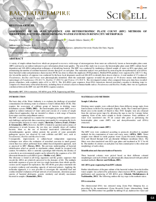 (PDF) ASSESSMENT OF 16S rRNA SEQUENCE AND HETEROTROPHIC PLATE COUNT ...
