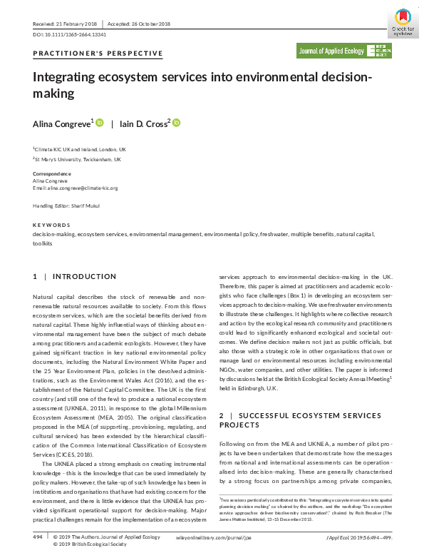 (PDF) Integrating ecosystem services into environmental decision making