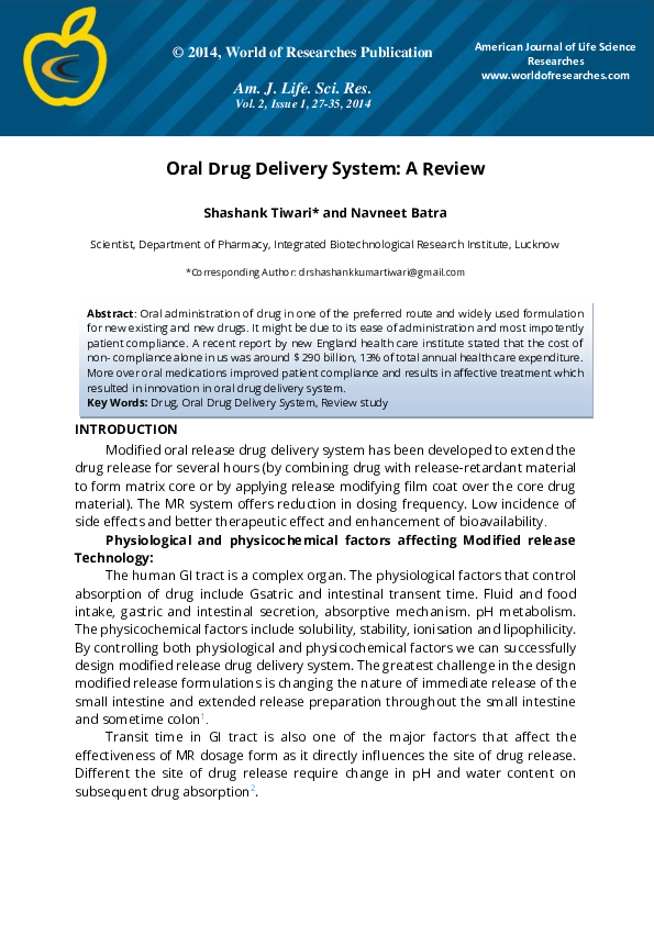 (PDF) Oral Drug Delivery System: A Review