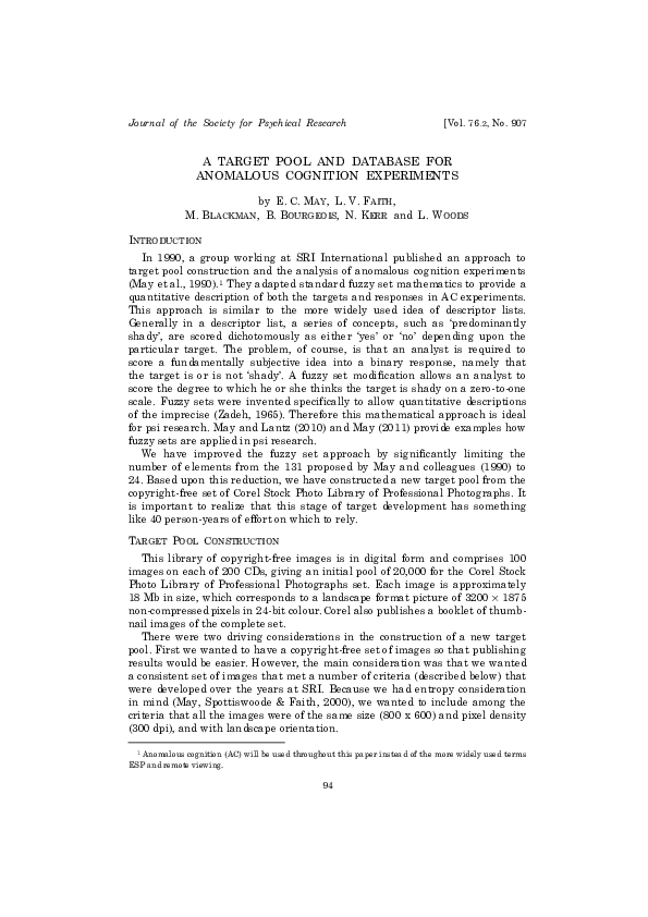 (PDF) A TARGET POOL AND DATABASE FOR ANOMALOUS COGNITION EXPERIMENTS