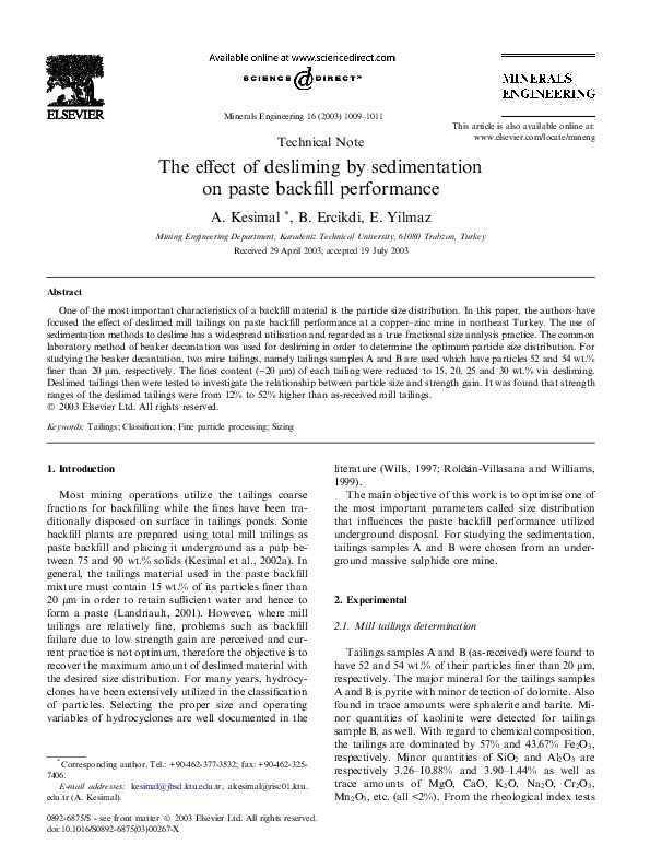 (PDF) The effect of desliming by sedimentation on paste backfill ...