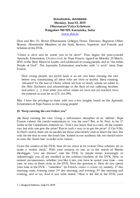 (PDF) Inagural Address | Kurian Kachappilly - Academia.edu