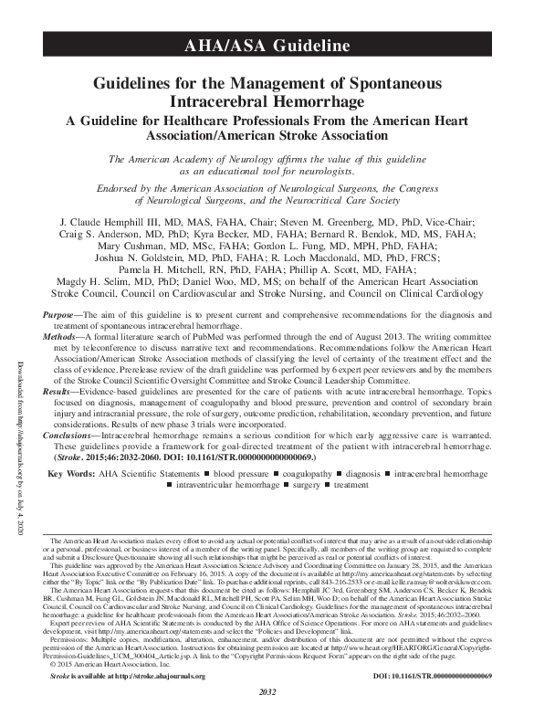 (PDF) Guidelines for the Management of Spontaneous Intracerebral Hemorrhage