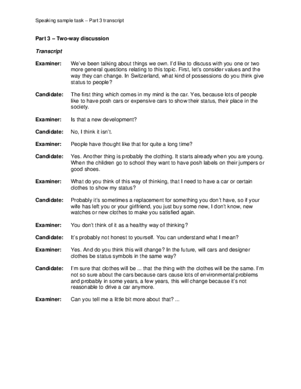 (PDF) Speaking sample task -Part 3 transcript Part 3 -Two-way discussion