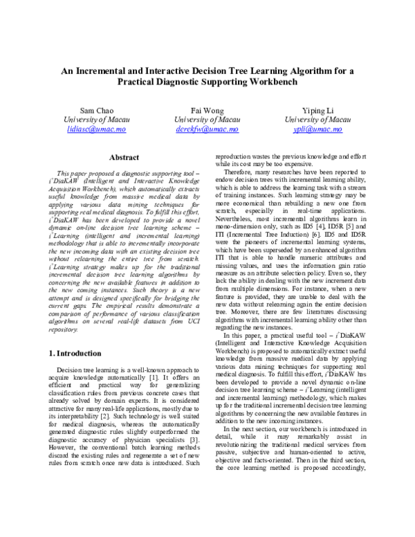 Pdf An Incremental And Interactive Decision Tree Learning Algorithm For A Practical Diagnostic