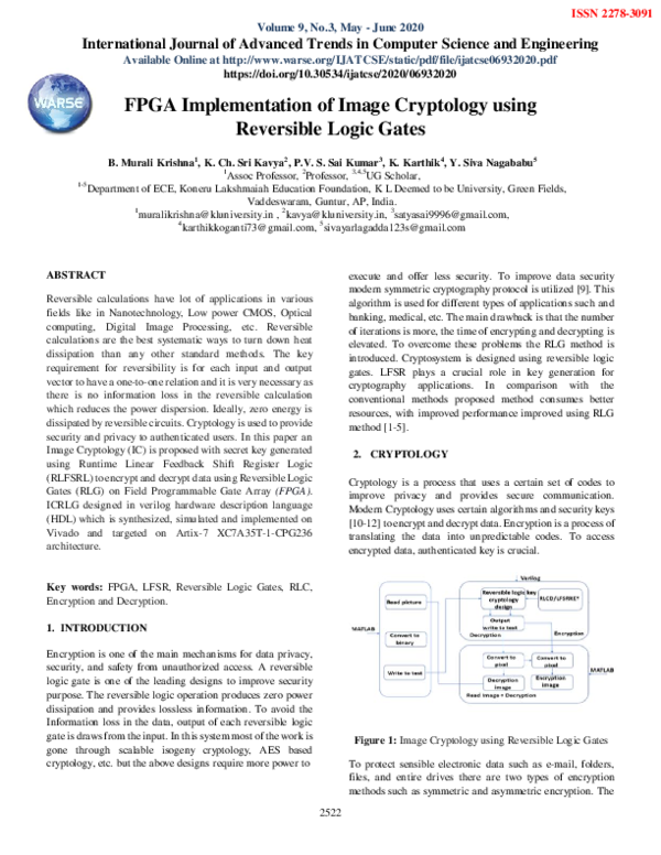 Pdf Fpga Implementation Of Image Cryptology Using Reversible Logic Gates Warse The World