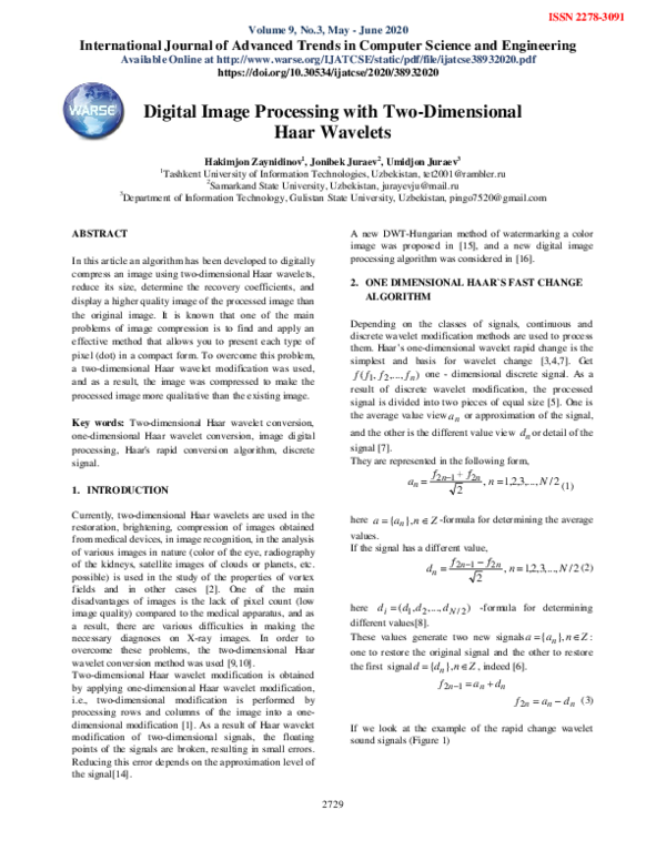 (PDF) Digital Image Processing with Two-Dimensional Haar Wavelets
