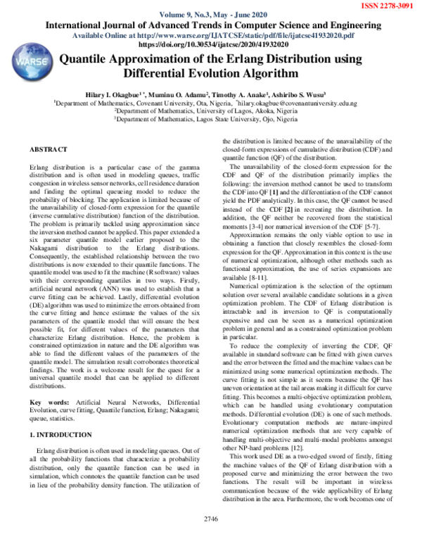 Pdf Quantile Approximation Of The Erlang Distribution Using Differential Evolution Algorithm