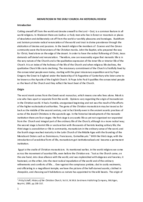 (DOC) MONASTICISM IN THE EARLY CHURCH: AN HISTORICAL REVIEW