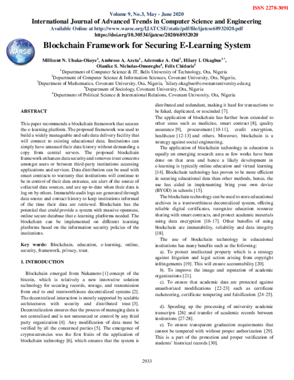 Pdf Blockchain Framework For Securing E Learning System
