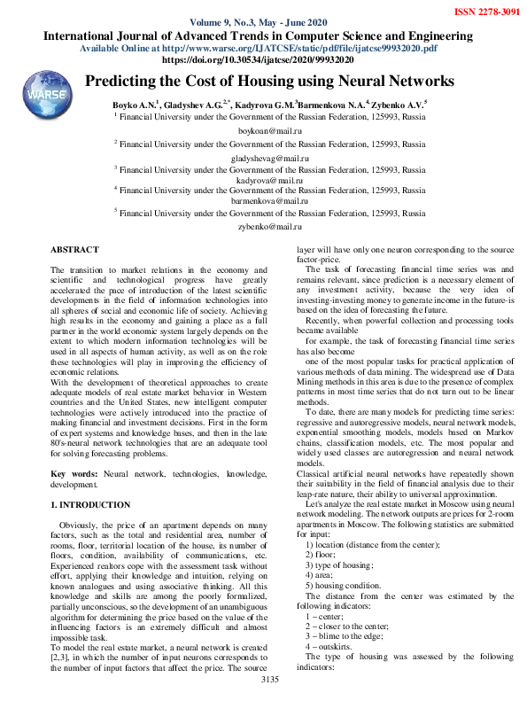 Pdf Predicting The Cost Of Housing Using Neural Networks