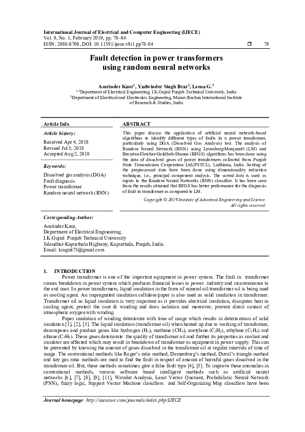 Pdf Fault Detection In Power Transformers Using Random Neural Networks