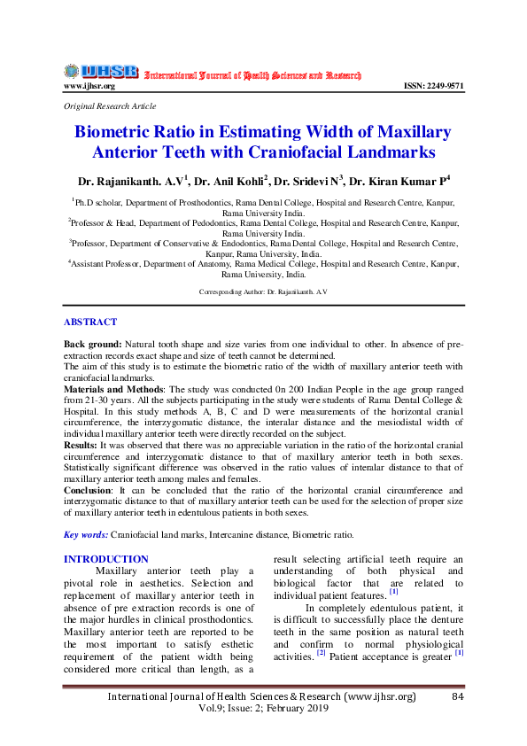(PDF) Biometric Ratio in Estimating Width of Maxillary Anterior Teeth ...