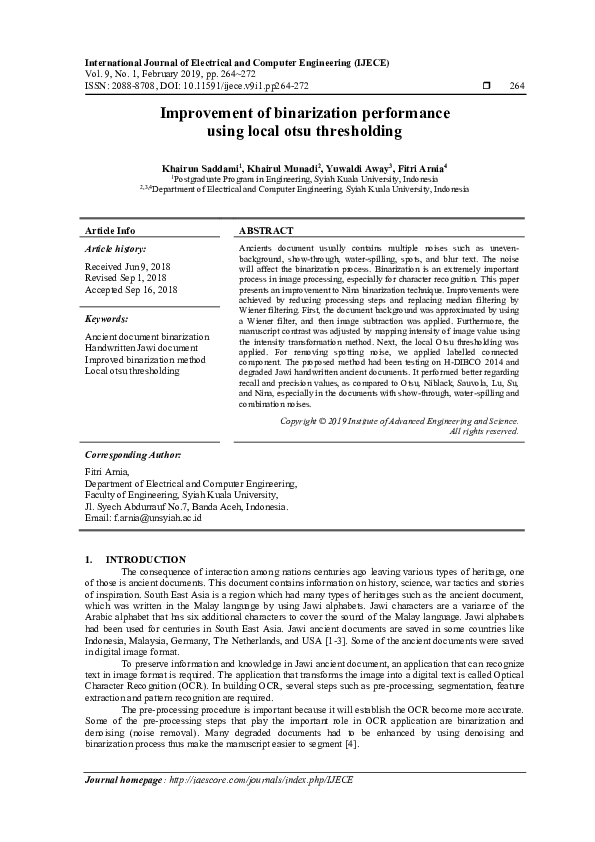 (PDF) Improvement of binarization performance using local otsu thresholding