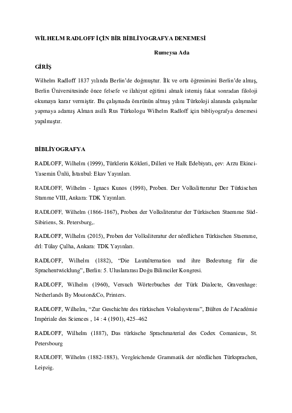 (PDF) WİLHELM RADLOFF İÇİN BİR BİBLİYOGRAFYA DENEMESİ/ Ein ...