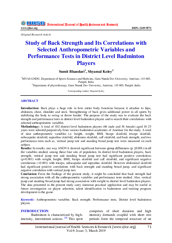 (PDF) Study of Back Strength and Its Correlations with Selected ...